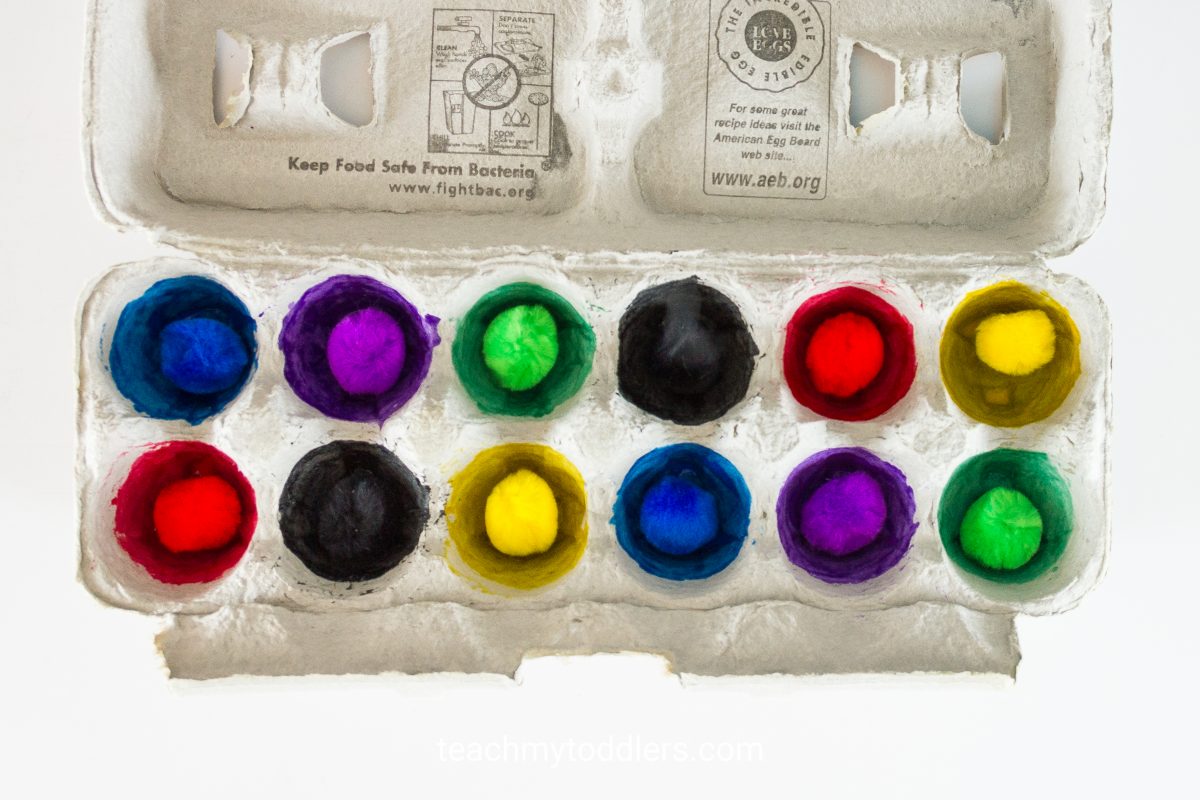 Color Games for Toddlers - Pom Poms and Egg Carton Activity - Teach My ...